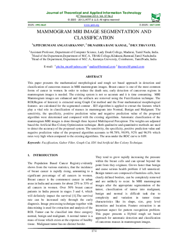 (PDF) Mammogram Mri Image Segmentation and Classification 1 | Dr. Pitchumani Angayarkanni, SRET ...