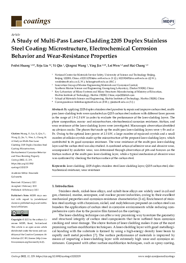 (PDF) A Study of Multi-Pass Laser-Cladding 2205 Duplex Stainless Steel Coating: Microstructure ...