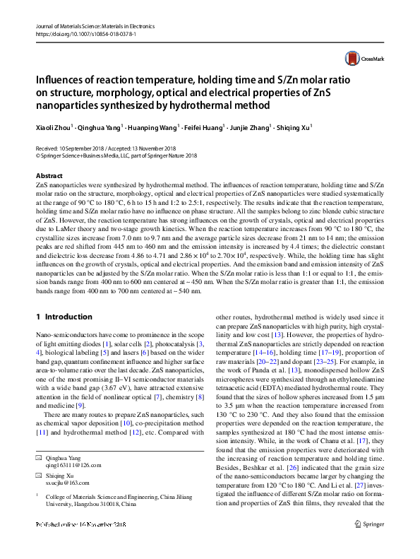(PDF) Influences of reaction temperature, holding time and S/Zn molar ratio on structure ...
