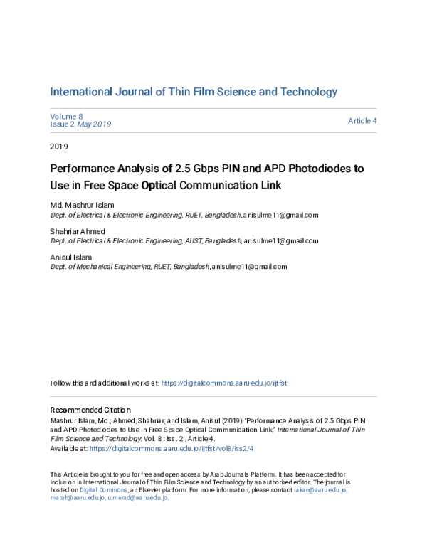 (PDF) Performance Analysis of 2.5 Gbps PIN and APD Photodiodes to Use in Free Space Optical ...