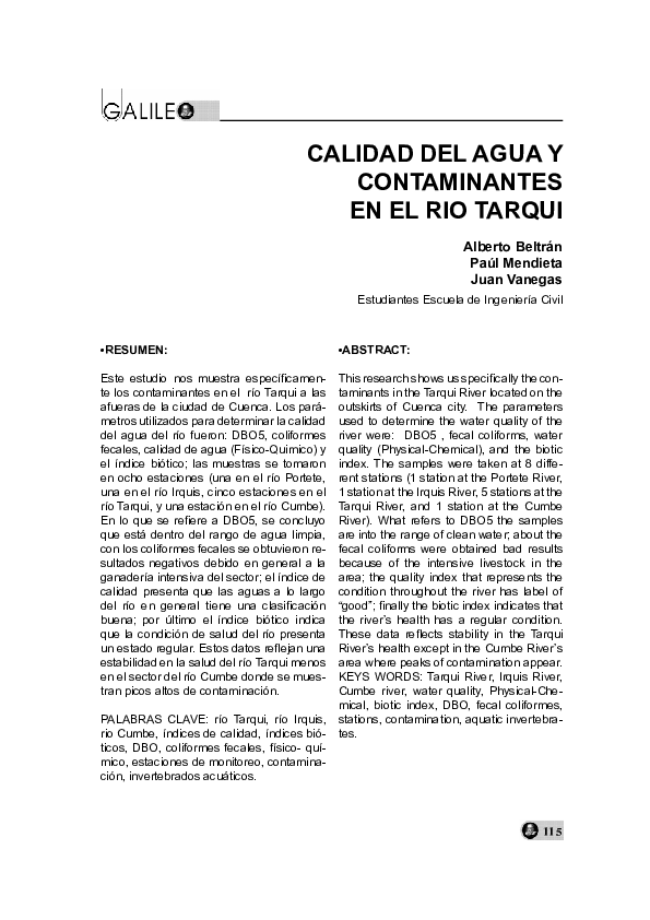 (PDF) Calidad Del Agua y Contaminantes en El Rio Tarqui