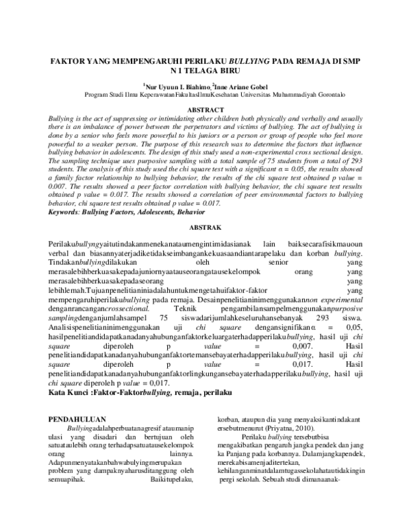 (PDF) Faktor Yang Mempengaruhi Perilaku Bullying Pada Remaja DI SMP N 1 ...