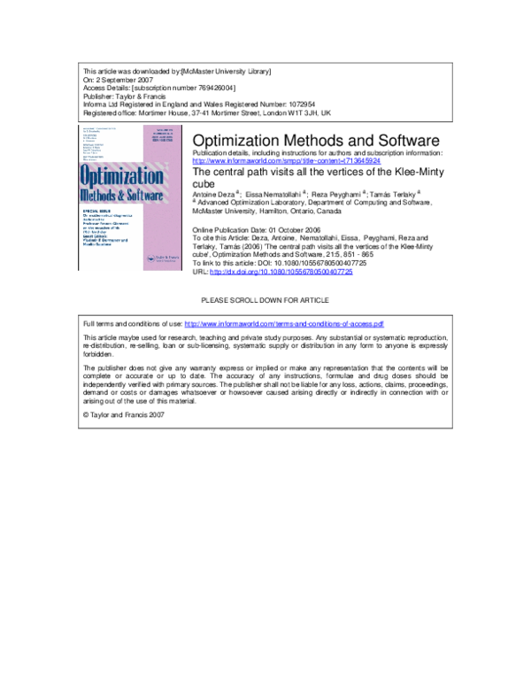 (PDF) The central path visits all the vertices of the Klee–Minty cube | Tamás Terlaky - Academia.edu