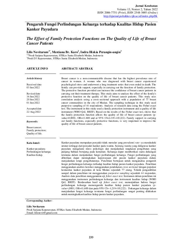 (PDF) Pengaruh Fungsi Perlindungan Keluarga terhadap Kualitas Hidup Pasien Kanker Payudara