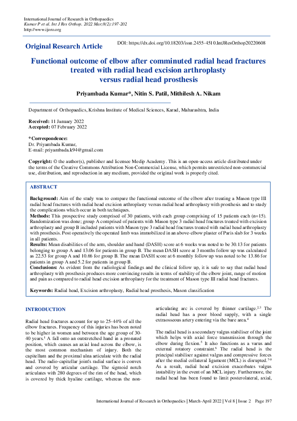 (PDF) Functional outcome of elbow after comminuted radial head ...