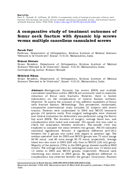 (PDF) Comparative Study of Treatment Outcomes of Femur Neck Fracture ...
