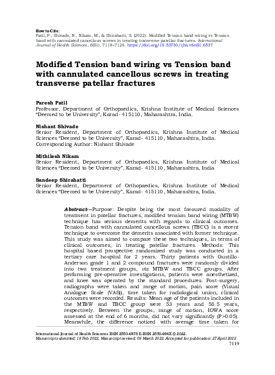 (PDF) Modified Tension band wiring vs Tension band with cannulated ...