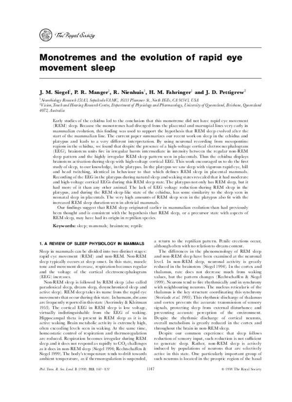 (PDF) Monotremes and the evolution of rapid eye movement sleep | JEROME ...