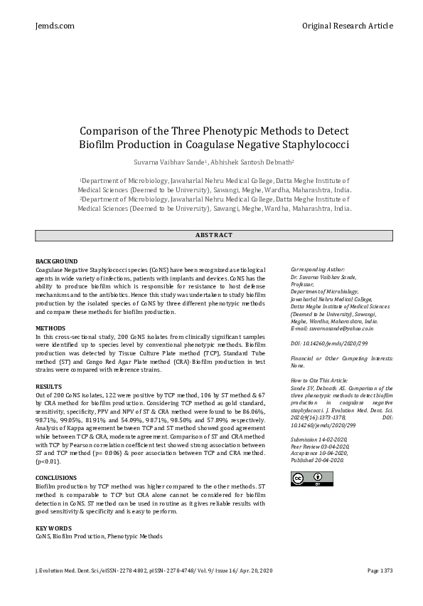 (PDF) Comparison of the Three Phenotypic Methods to Detect Biofilm Production in Coagulase ...