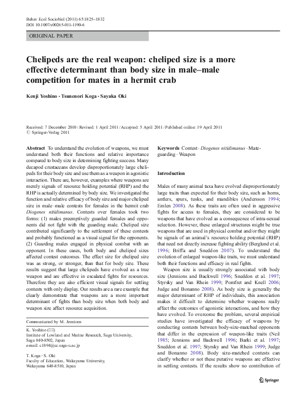 (PDF) Chelipeds are the real weapon: cheliped size is a more effective ...