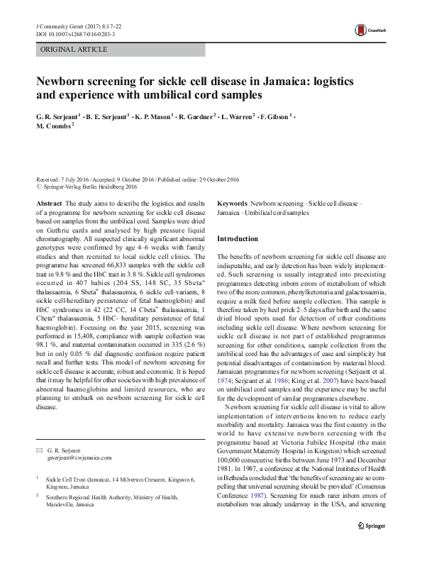 (PDF) Newborn screening for sickle cell disease in Jamaica: logistics ...