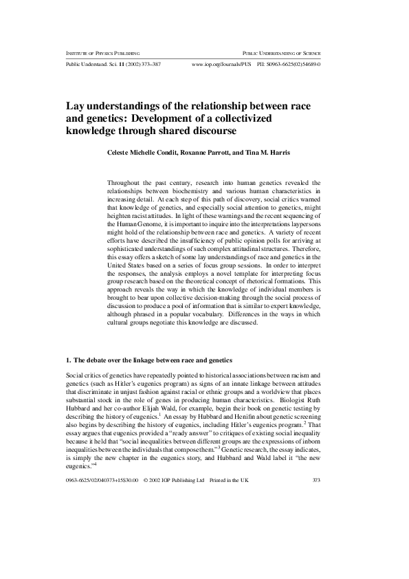 (PDF) Lay understandings of the relationship between race and genetics ...