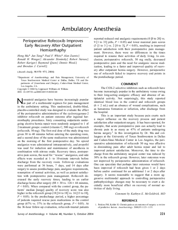 (PDF) Perioperative Rofecoxib Improves Early Recovery After Outpatient ...