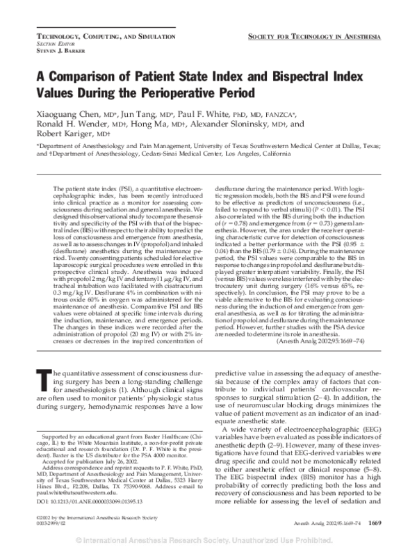 (PDF) A Comparison of Patient State Index and Bispectral Index Values ...
