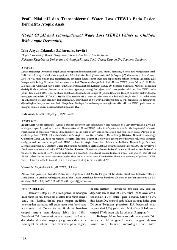 (PDF) Profil Nilai pH dan Transepidermal Water Loss (TEWL) Pada Pasien ...