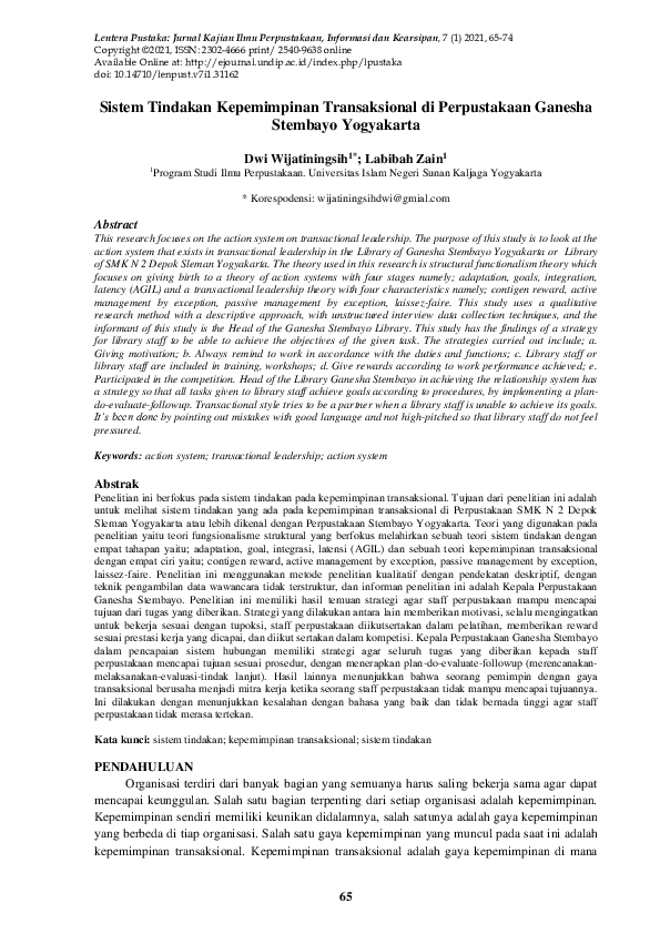 (PDF) Sistem Tindakan Kepemimpinan Transaksional di Perpustakaan ...