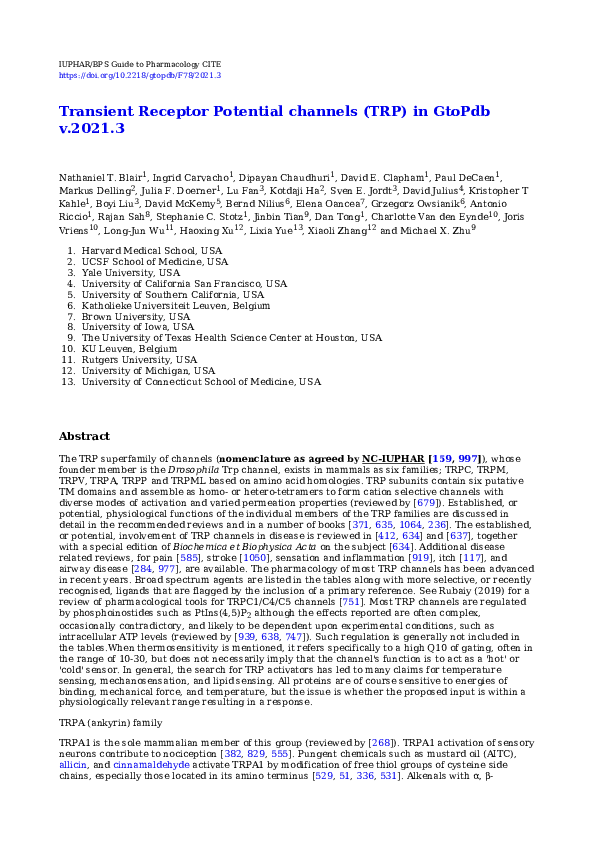(PDF) Transient Receptor Potential channels (TRP) in GtoPdb v.2021.3