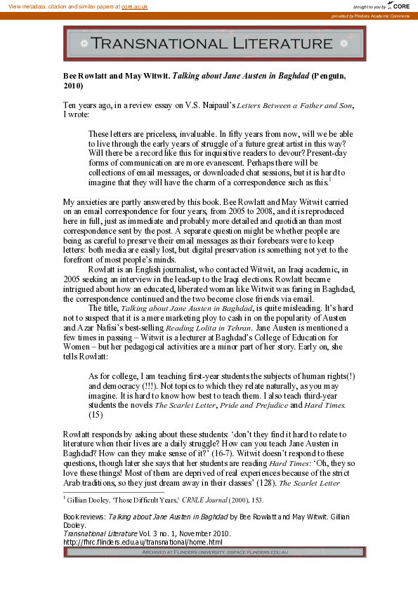 (PDF) Review of 'Talking about Jane Austen in Baghdad' by Bee Rowlatt ...