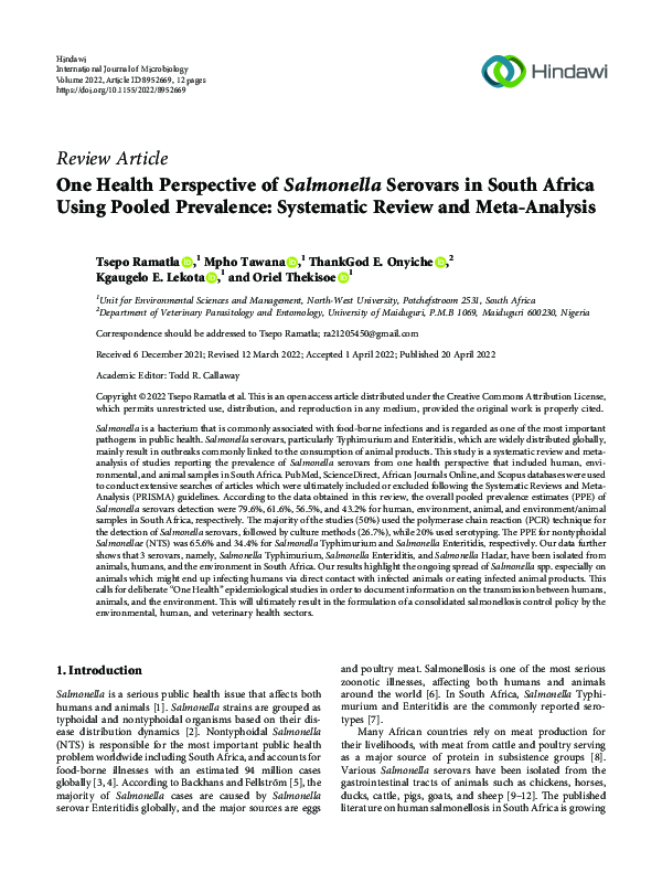 (PDF) One Health Perspective of Salmonella Serovars in South Africa ...