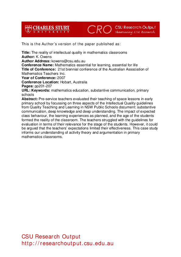 (PDF) The reality of intellectual quality in mathematics classrooms