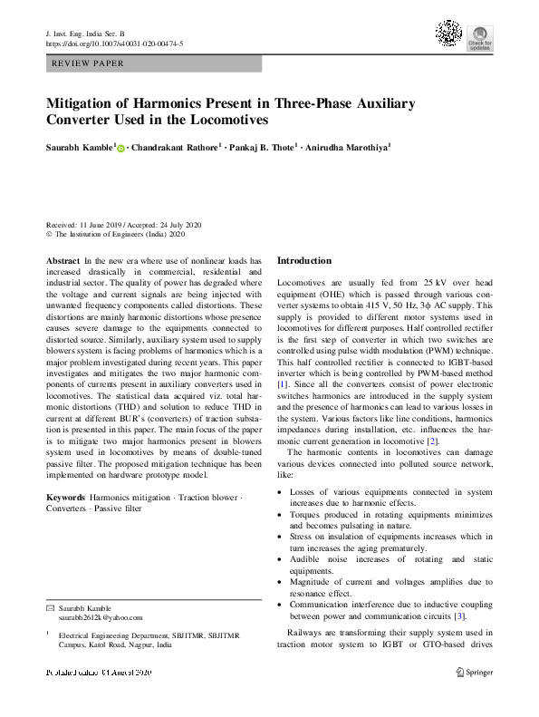 (PDF) Mitigation of Harmonics Present in Three-Phase Auxiliary Converter Used in the Locomotives