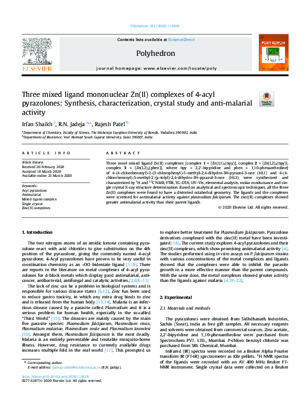 (PDF) Three mixed ligand mononuclear Zn(II) complexes of 4-acyl pyrazolones: Synthesis ...