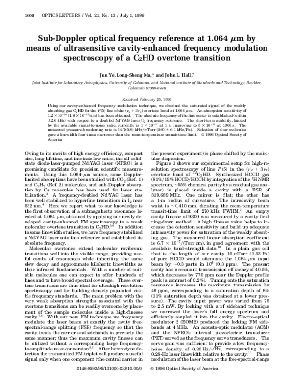(PDF) Sub-Doppler optical frequency reference at 1064 μm by means of ultrasensitive cavity ...