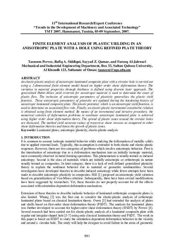(PDF) Finite Element Analysis of Plastic Yielding in an Anisotropic Plate with a Hole Using ...