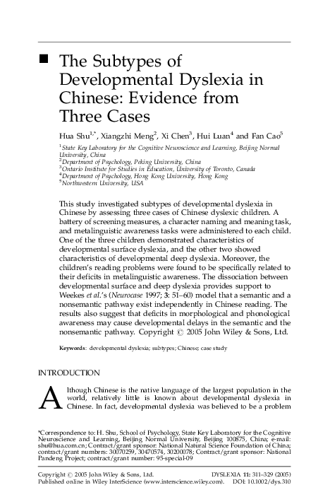 (PDF) The subtypes of developmental dyslexia in Chinese: evidence from ...