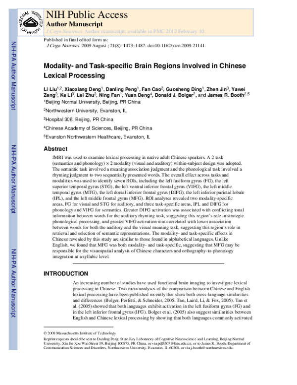 Pdf Modality And Task Specific Brain Regions Involved In Chinese Lexical Processing