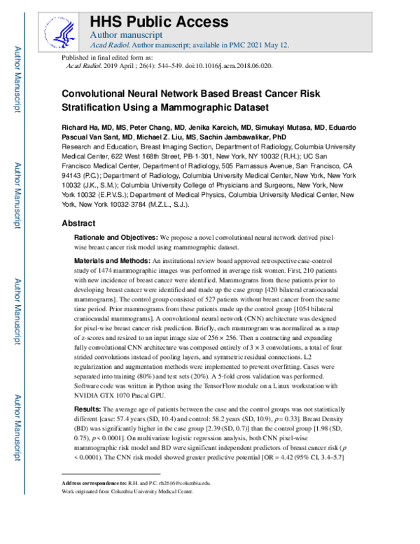 Pdf Convolutional Neural Network Based Breast Cancer Risk