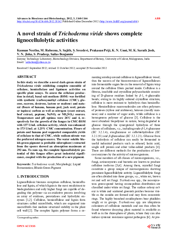 (PDF) A novel strain of Trichoderma viride shows complete lignocellulolytic activities