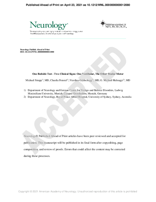 (PDF) One Bedside Test - Two Clinical Signs: One Vestibular, The Other ...