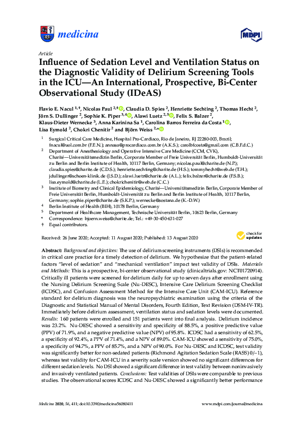 Pdf Influence Of Sedation Level And Ventilation Status On The Diagnostic Validity Of Delirium