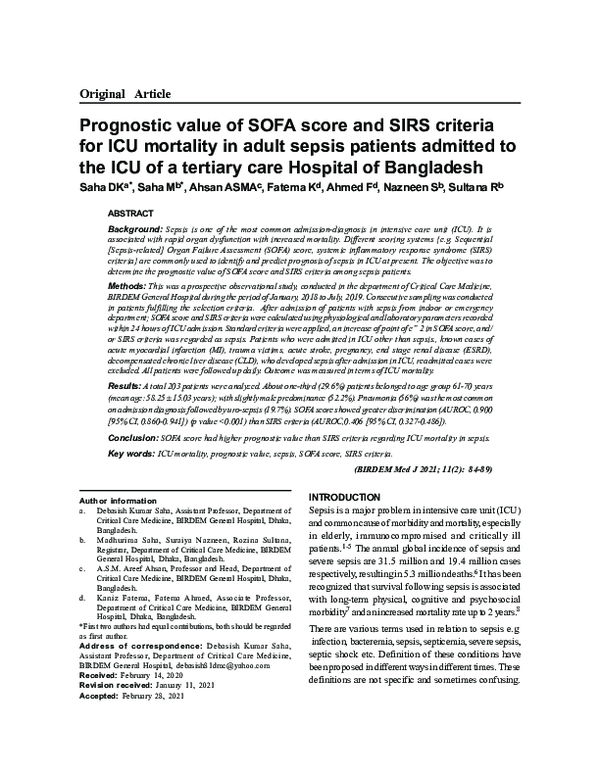 Pdf Prognostic Value Of Sofa Score And Sirs Criteria For Icu