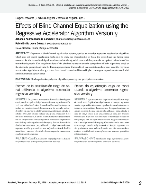 (PDF) Effects of blind channel equalization using the regressive accelerator algorithm version ɣ
