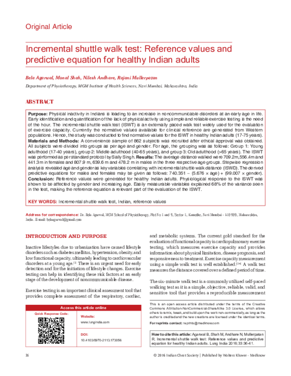 (PDF) Incremental shuttle walk test: Reference values and predictive ...