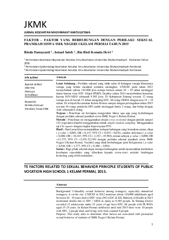 (PDF) Faktor-Faktor Yang Berhubungan Dengan Perilaku Seksual Pranikah Siswa SMK Negeri I Kelam ...
