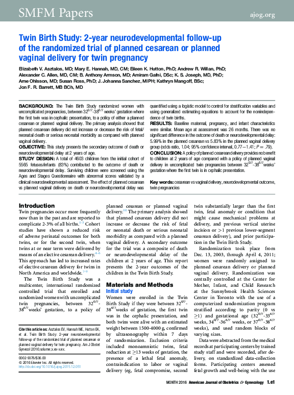 (PDF) Twin Birth Study: Neurodevelopmental Outcomes in Twins