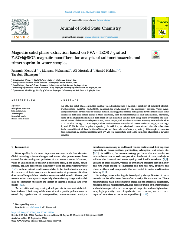 (PDF) Magnetic solid phase extraction based on PVA - TEOS / grafted Fe3O4@SiO2 magnetic ...