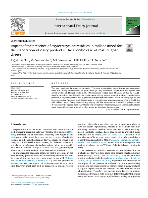 Pdf Impact Of The Presence Of Oxytetracycline Residues In Milk Destined For The Elaboration Of