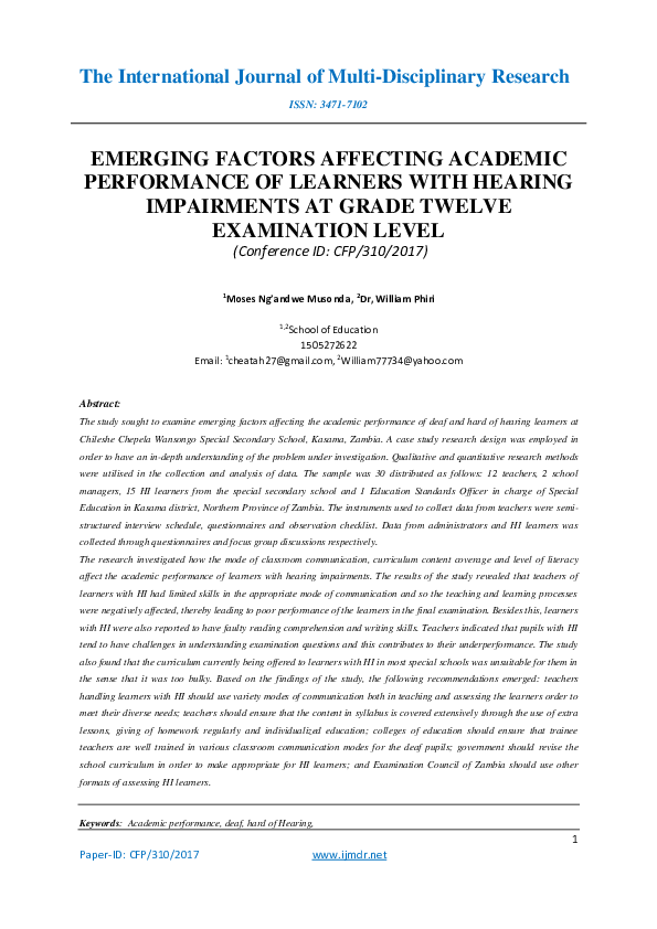(PDF) EMERGING FACTORS AFFECTING ACADEMIC PERFORMANCE OF LEARNERS WITH ...
