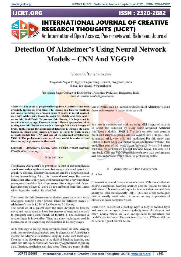 (PDF) Detection Of Alzheimer’s Using Neural Network Models – CNN And VGG19