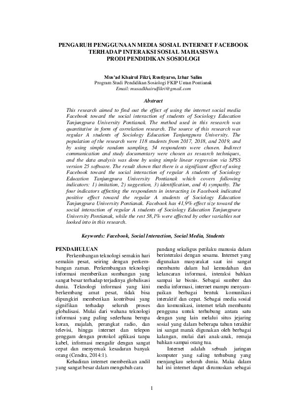 (PDF) Pengaruh Penggunaan Media Sosial Internet Facebook Terhadap Interaksi Sosial Mahasiswa ...