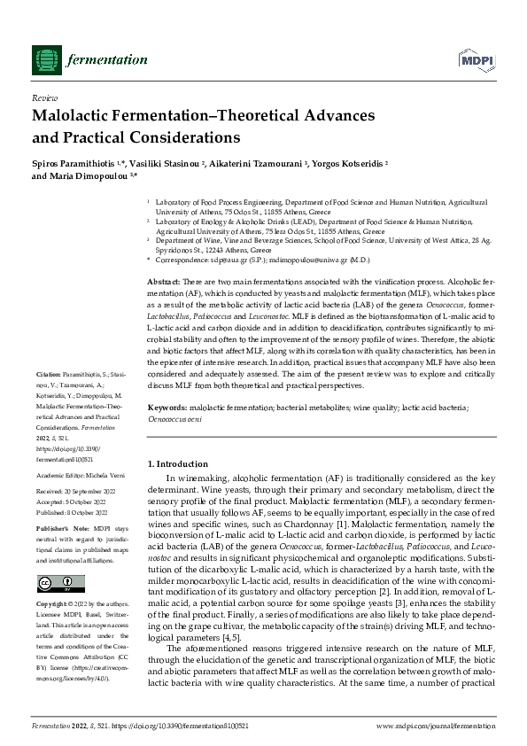 (PDF) Malolactic Fermentation—Theoretical Advances and Practical ...