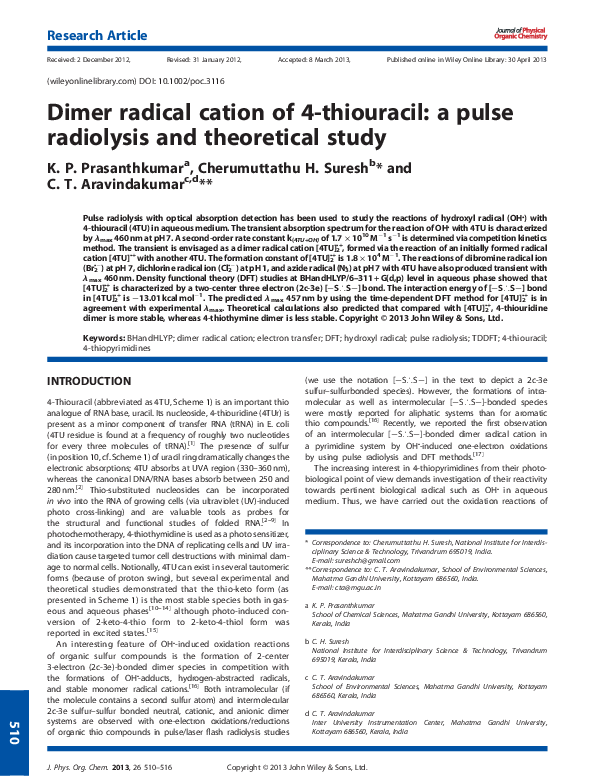 (PDF) Dimer radical cation of 4-thiouracil: a pulse radiolysis and ...