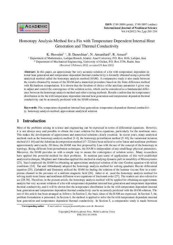 (PDF) Homotopy analysis method for a fin with temperature dependent internal heat generation and ...