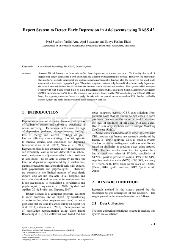 (PDF) Expert System to Detect Early Depression in Adolescents using DASS 42