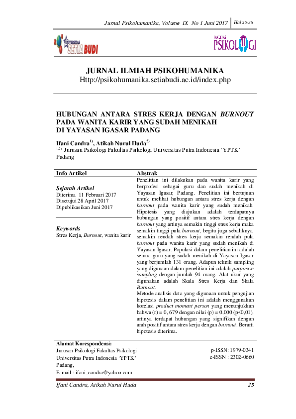 (PDF) Hubungan Antara Stres Kerja Dengan Burnout Pada Wanita Karir Yang Sudah Menikah DI Yayasan ...