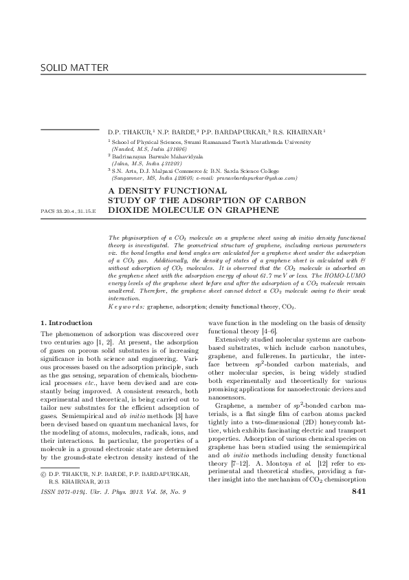 (PDF) EA Density Functional Study of the Adsorption of Carbon Dioxide Molecule on Graphene